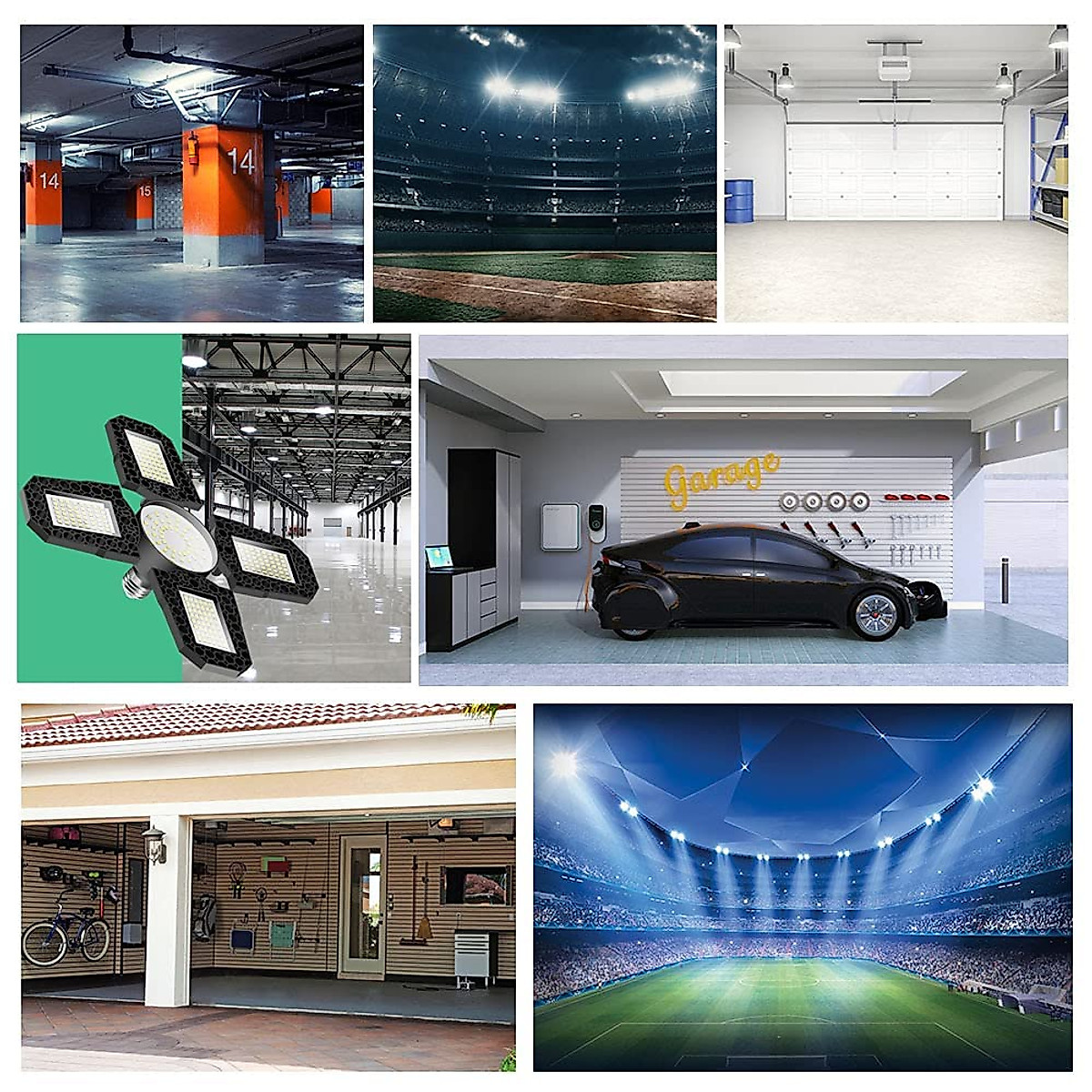 2-Pack LED Garage Light, 120W Deformable LED Shop Light with E26/E27 Medium Base, 12000 Lumens with 5 Aluminum Adjustable Panels, 3500K Screw LED Ceiling Light for Attic, Workshop, Basement