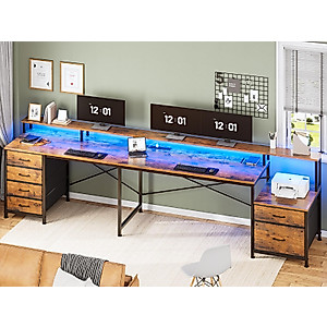 SEDETA L Shaped Desk with 6 Drawer, 108" Home Office Desk with File Drawer & Power Outlet, Corner Computer Desk with Monitor Shelf, Two Person Desk, Gaming Desk with Led Lights, Rustic Brown