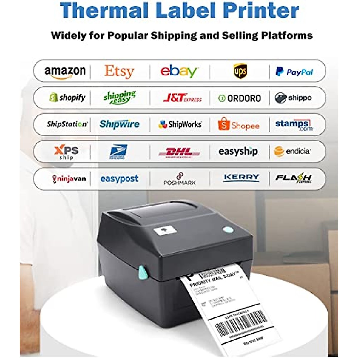 Shipping Label Printer for Shipping Packages, Desktop Thermal Label Printer for Small Business, Address Barcode Printer Compatible with UPS FedEx USPS Etsy Shopify Ebay DHL, Roll/Fanfold 4x6 Labels