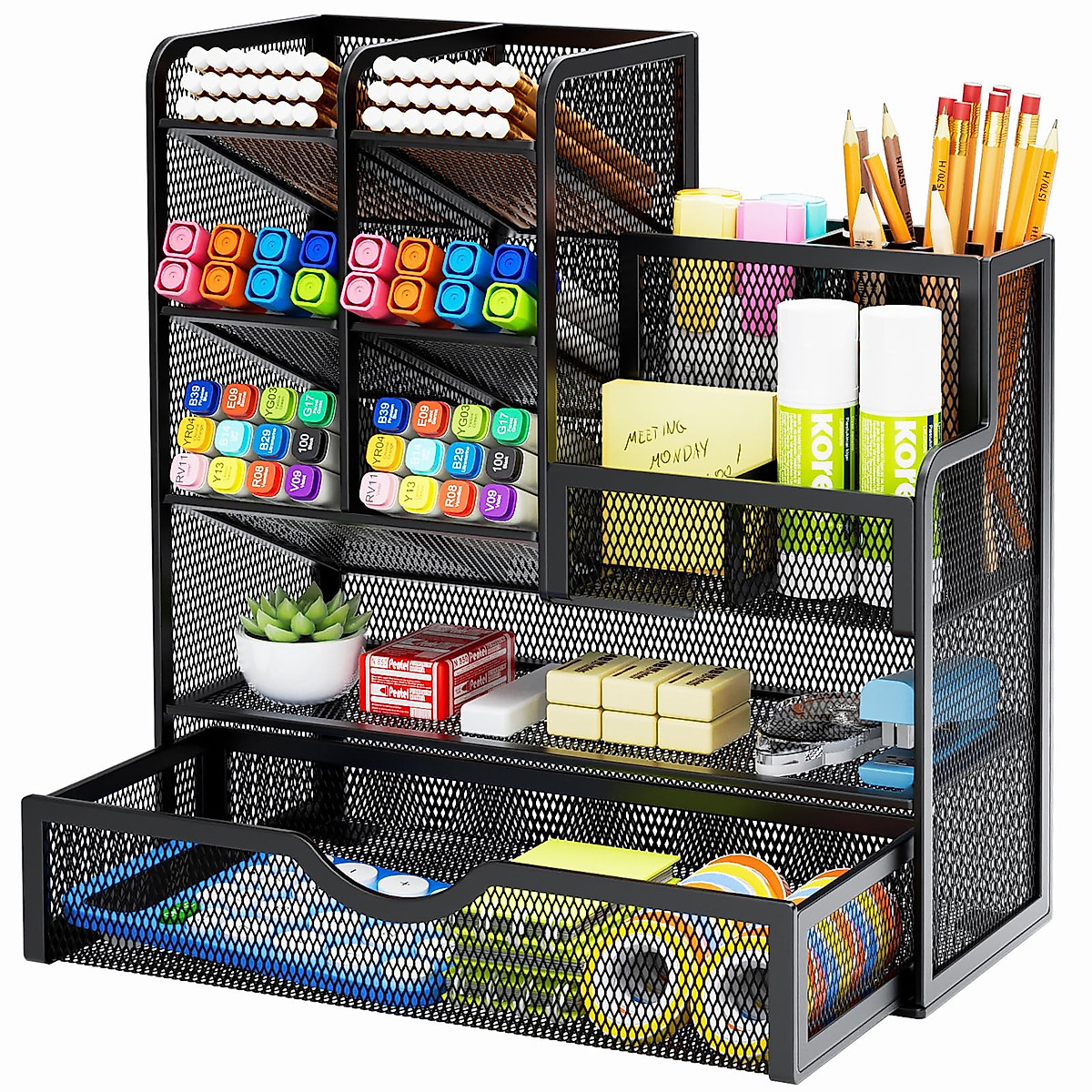 Marbrasse Mesh Pen Holder for Desk, Multi-Functional Pencil Organizer with Drawer, Desk Organizers and Accessories for Office Art Supplies (Black)