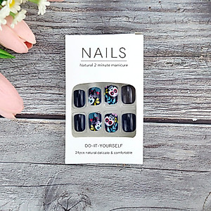 Halloween Press on Nails Short Day of the Dead Fake Nails for Women for Nail Art Supplies Acrylic Nail Design False Nails Cosplay Nail Supplies Nail Accessories Nail Decorations 24Pcs