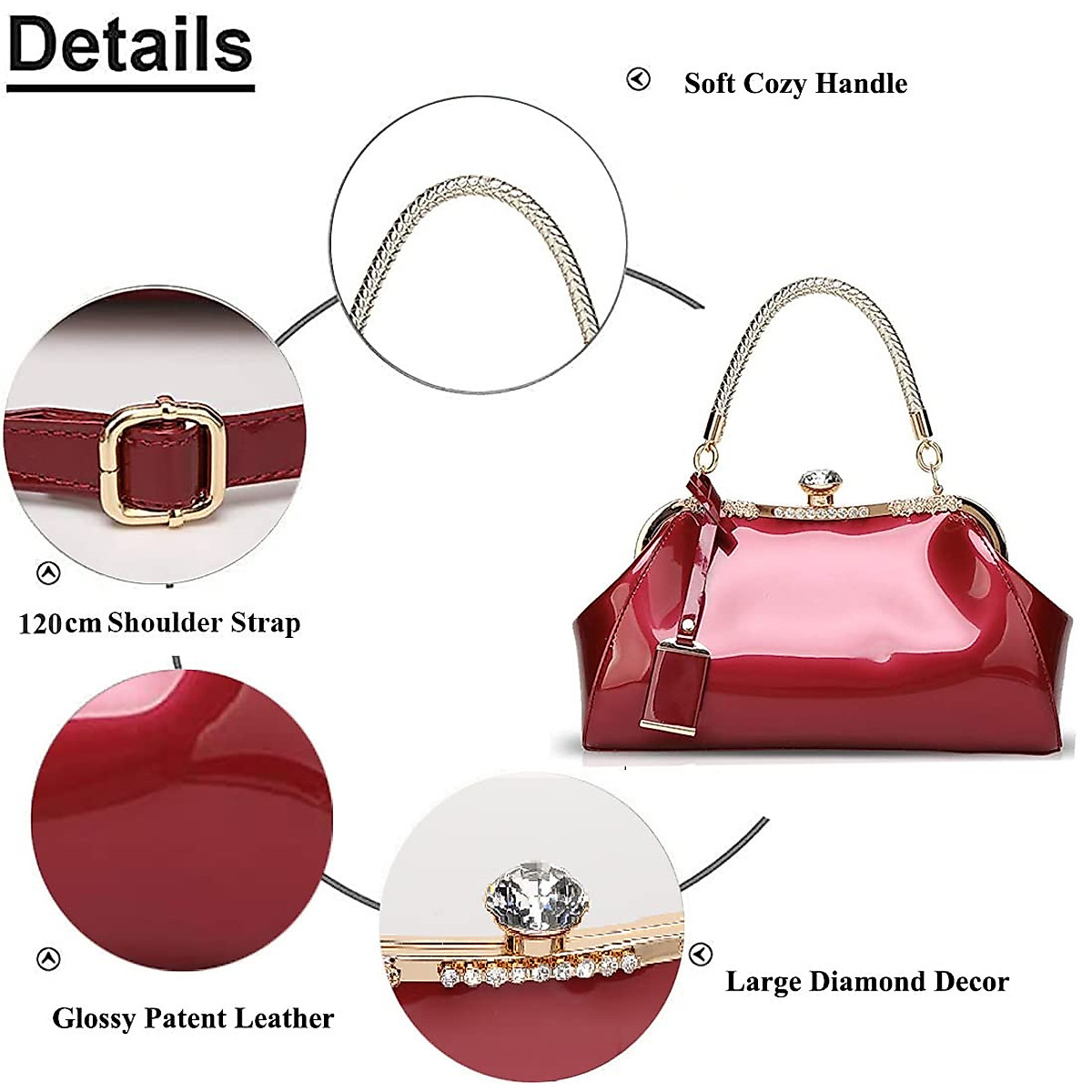 RTGGSEL Diamond Crystal Glossy Patent Leather Top Handle Tote Handbag for Women Bag Evening Wedding Shoulder Bag Satchel Purse (Black)