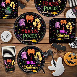Halloween Hocus Pocus Party Tableware Set Halloween Decorations Paper Plates, Napkins, Cups, Forks for Halloween Witch Theme Party Decorations Hocus Pocus Party Supplies Favors, 24 Guests