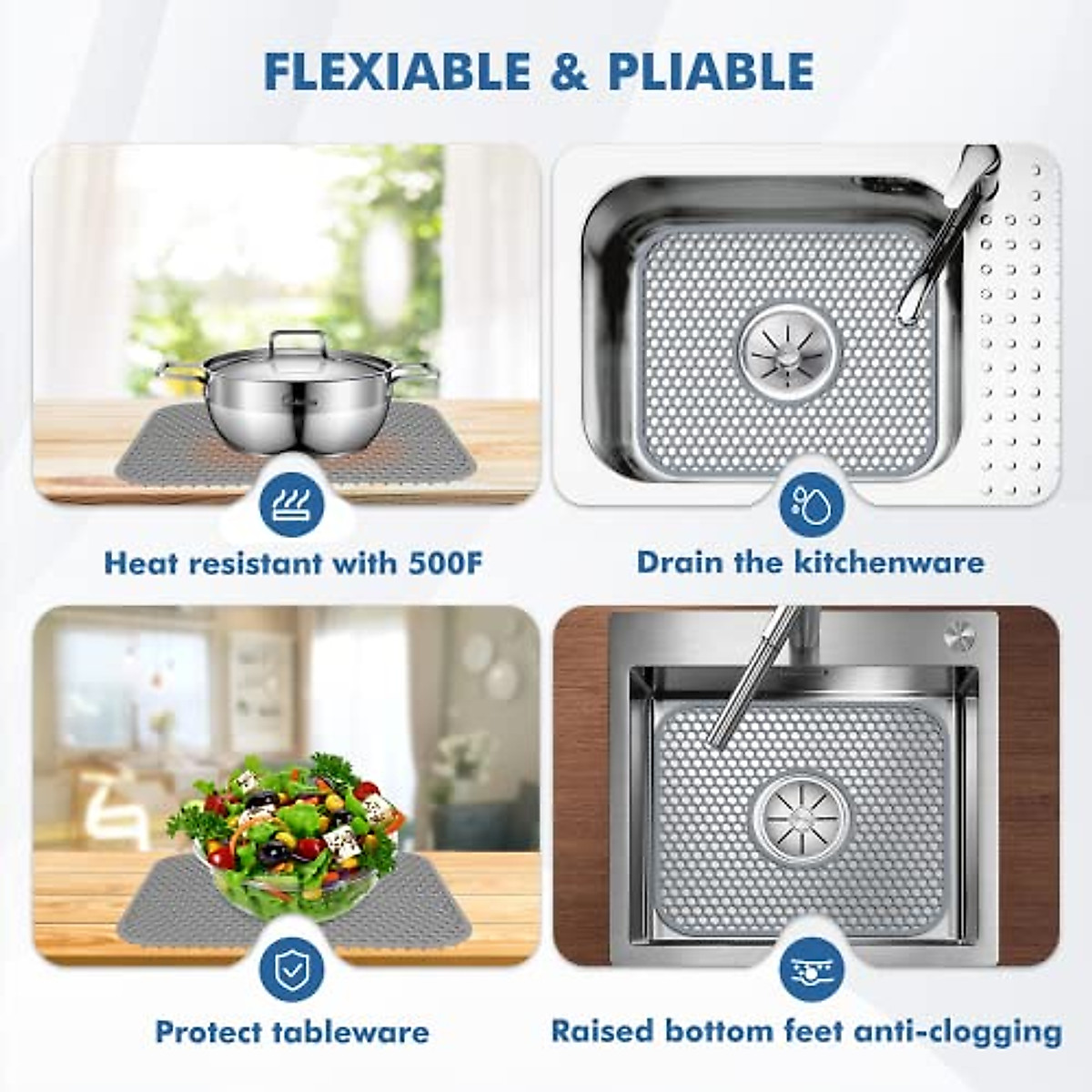 Bestjing Silicone Sink Mat, 13.58''x 11.6'' Sink Protectors for Kitchen Sink with Center Drain, Folding Non-Slip Heat Resistant Sink Mat Grid for Bottom of Stainless Steel Porcelain Sink (Center Hole)