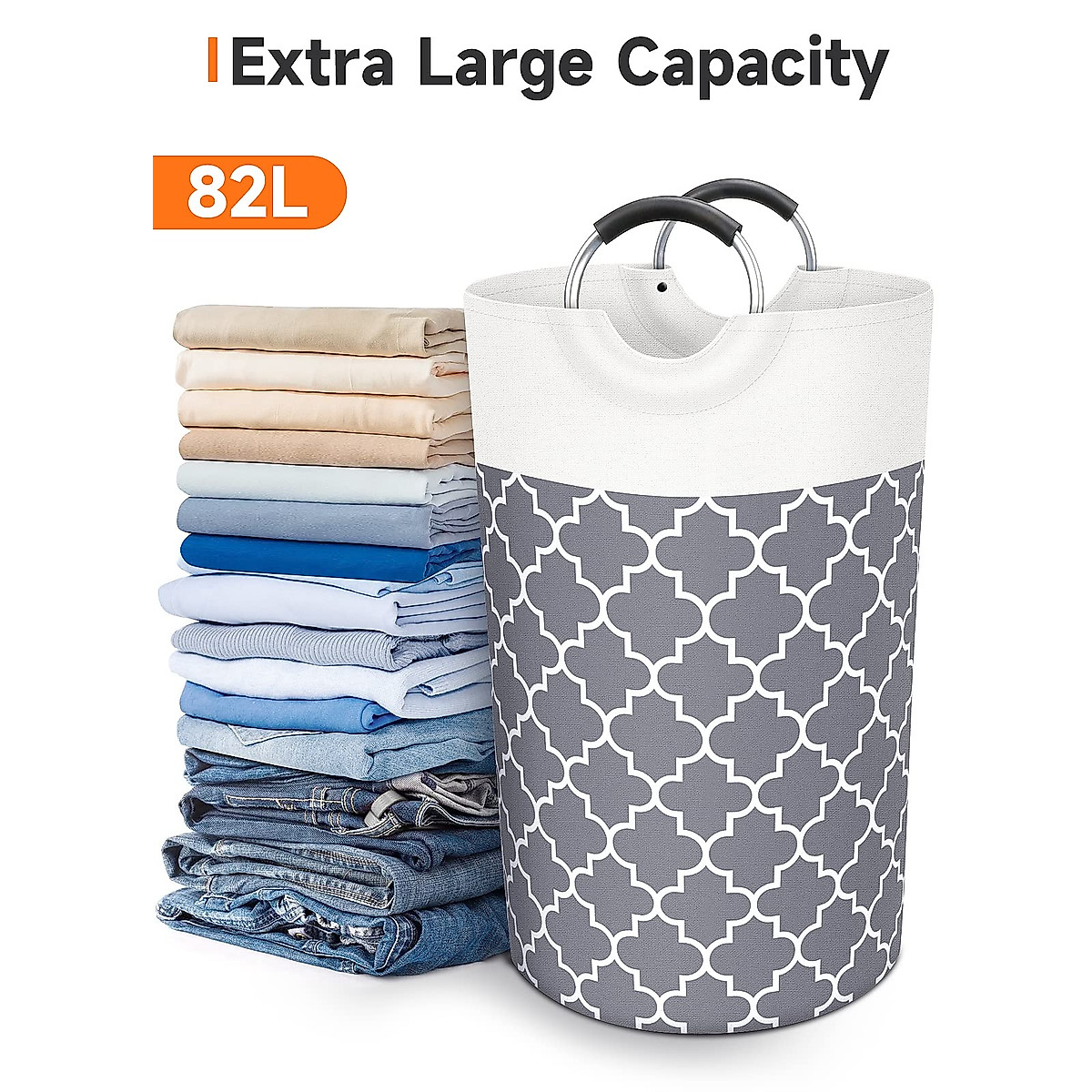 Fabspace Large Laundry Basket Laundry Hamper Bag Washing Bin Clothes Bag Collapsible Tall with Handles Waterproof Travel Bathroom College Essentials Storage for College Dorm, Family, 82L (Grey)