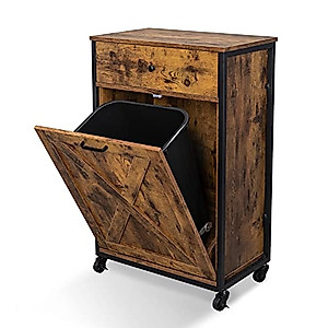 VINGLI Wood Tilt Out Trash Cabinet with Drawer, 10 Gallon Rustic Brown Trash Can Cabinet Tilt Out Barn Door Hidden Trash Can Kitchen Cabinet for Dinning Room, Living Room, Freestanding or Rolling