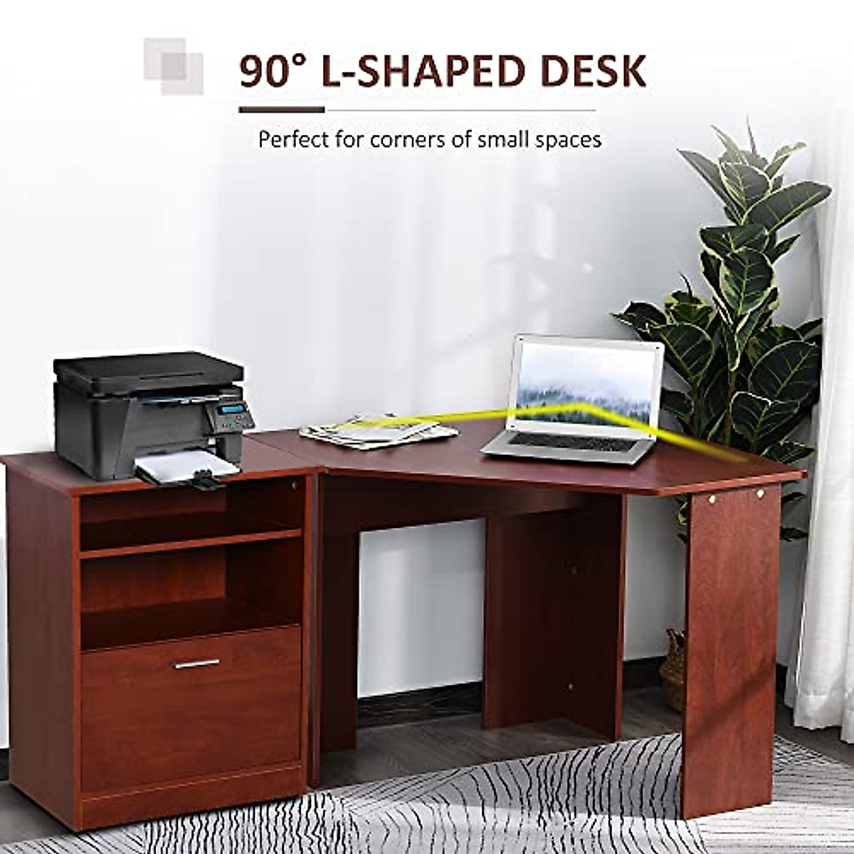 HOMCOM Computer Desk with Printer Cabinet, L-Shaped Corner Desk with Storage, Study PC Workstation for Home Office, Cherry
