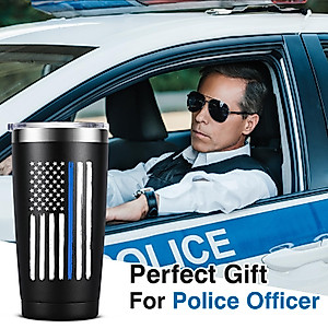 KIKERRO Thin Blue Line Police Officer Gifts - Cops Officer Valentine's Day Gift Coffee Cup - 20oz Stainless Steel Double Wall Insulated Tumbler, Black