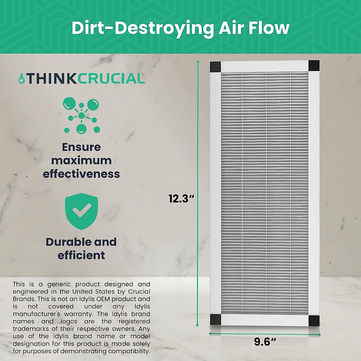 Think Crucial Replacement Air Purifier Filter with HEPA Filters - Compatible with Idylis Part # 560885 Filter - Fits Idylis F, AC-38 Models - Bulk (2 Pack)