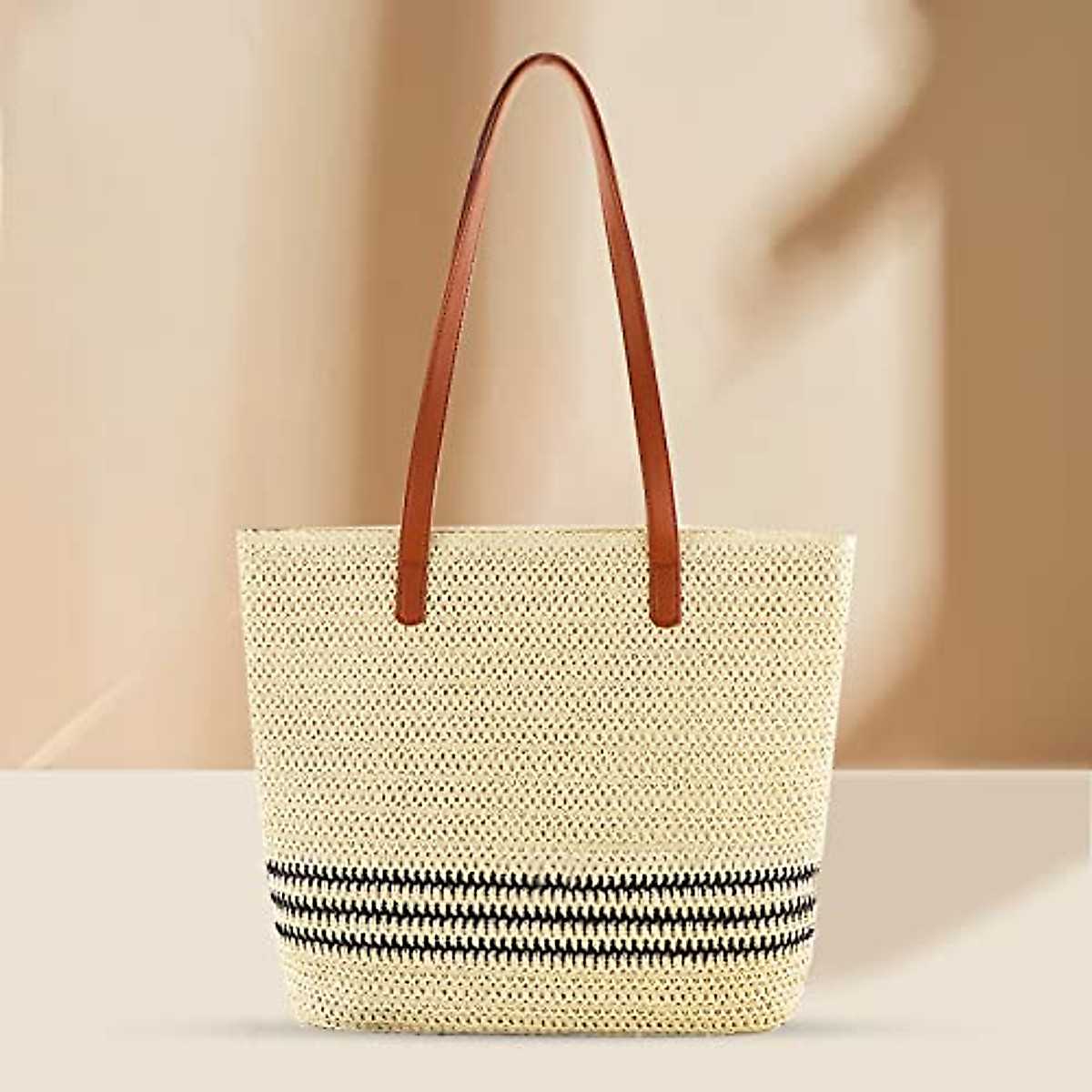 QTKJ Beach Bag for Women, Summer Straw Bag, Hand-woven Tote Bag, Striped Leather Shoulder Strap Rattan Handbag, Large Shoulder Bag Suitable for Vacation Travel Daily (Khaki)