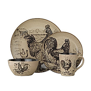 Pfaltzgraff Homespun Rooster 16-Piece Dinnerware Set, Service for 4 Brown