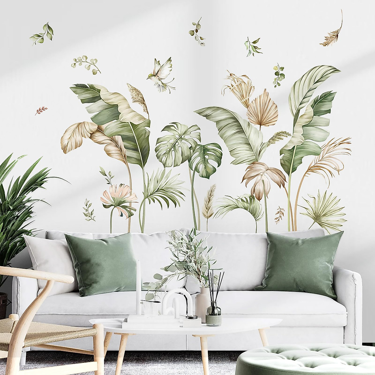 decalmile Boho Tropical Leaves Wall Decals Palm Leaf Green Plants Wall Stickers Living Room Bedroom Office Wall Decor