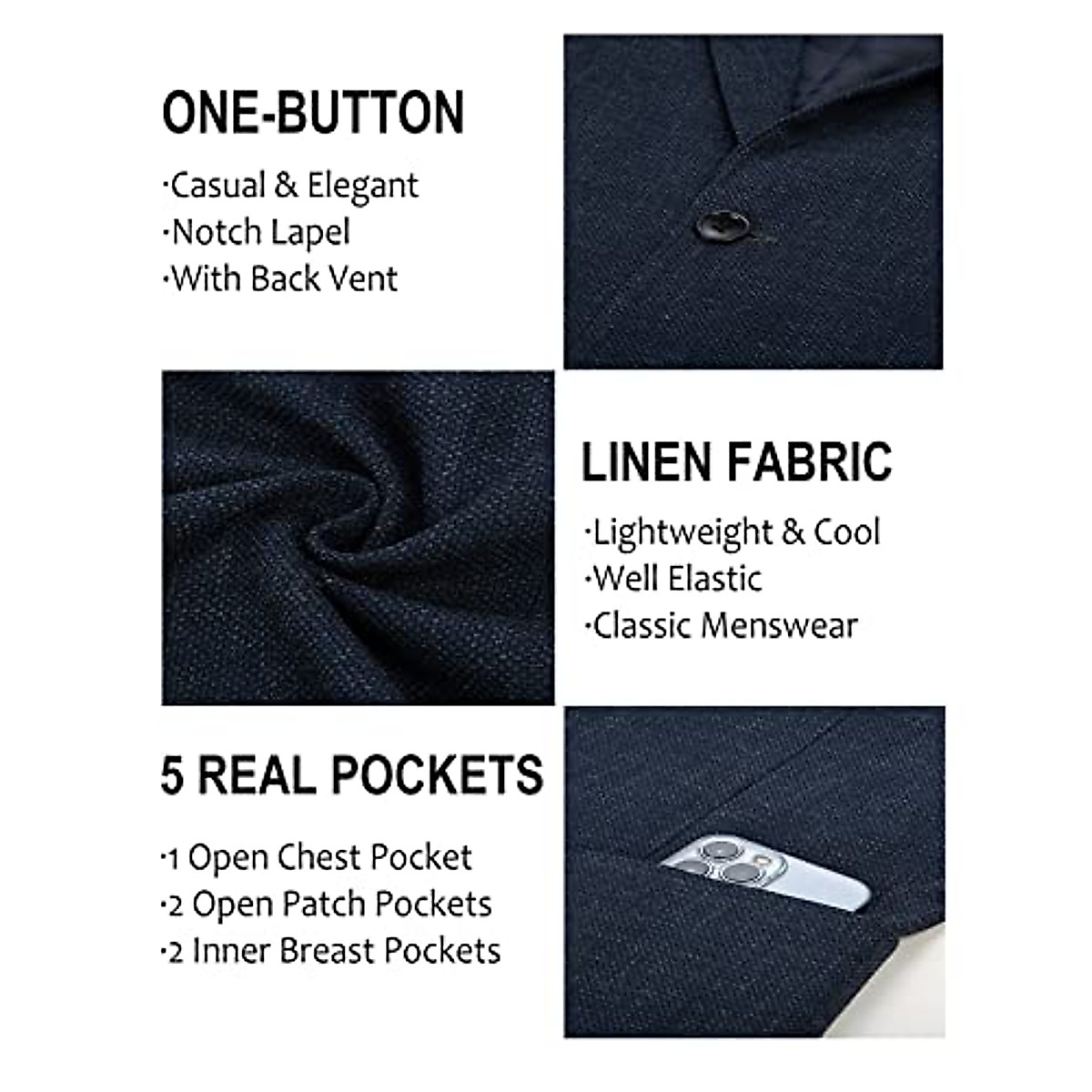 Blazer for Men Mens Casual Regular Fit Suit Jacket Linen Sport Coats Blue 2XL