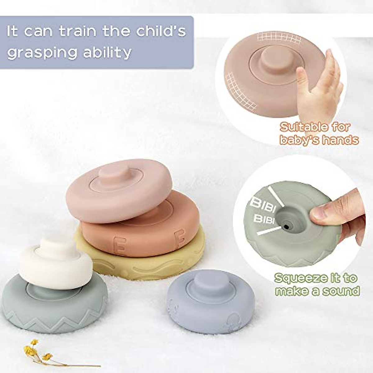 BOBXIN Stacking & Nesting Rings Toy, Soft Circle Stacker, 6 pcs Building Stacker,Teethers for Baby, Squeeze Play with Letter, Animal and Graphic, Toddler Learning Toys for 6 Month Old Boys Girls