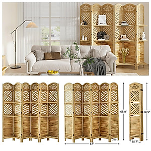 Room Divider with Shelves, 5.75ft Tall Folding Wood Carved Screen with Double Hinges for Home Office Bedroom Hotel Decoration (6 Panels, Natural)