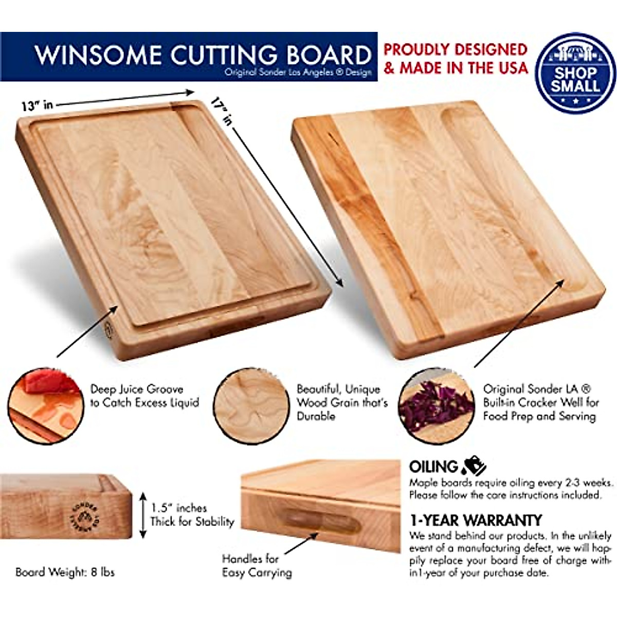 Sonder Los Angeles, Made in USA, Large Thick Maple Wood Cutting Board for Kitchen with Juice Groove, Sorting Compartment, Charcuterie Wooden Board 17x13x1.5 in (Gift Box Included)