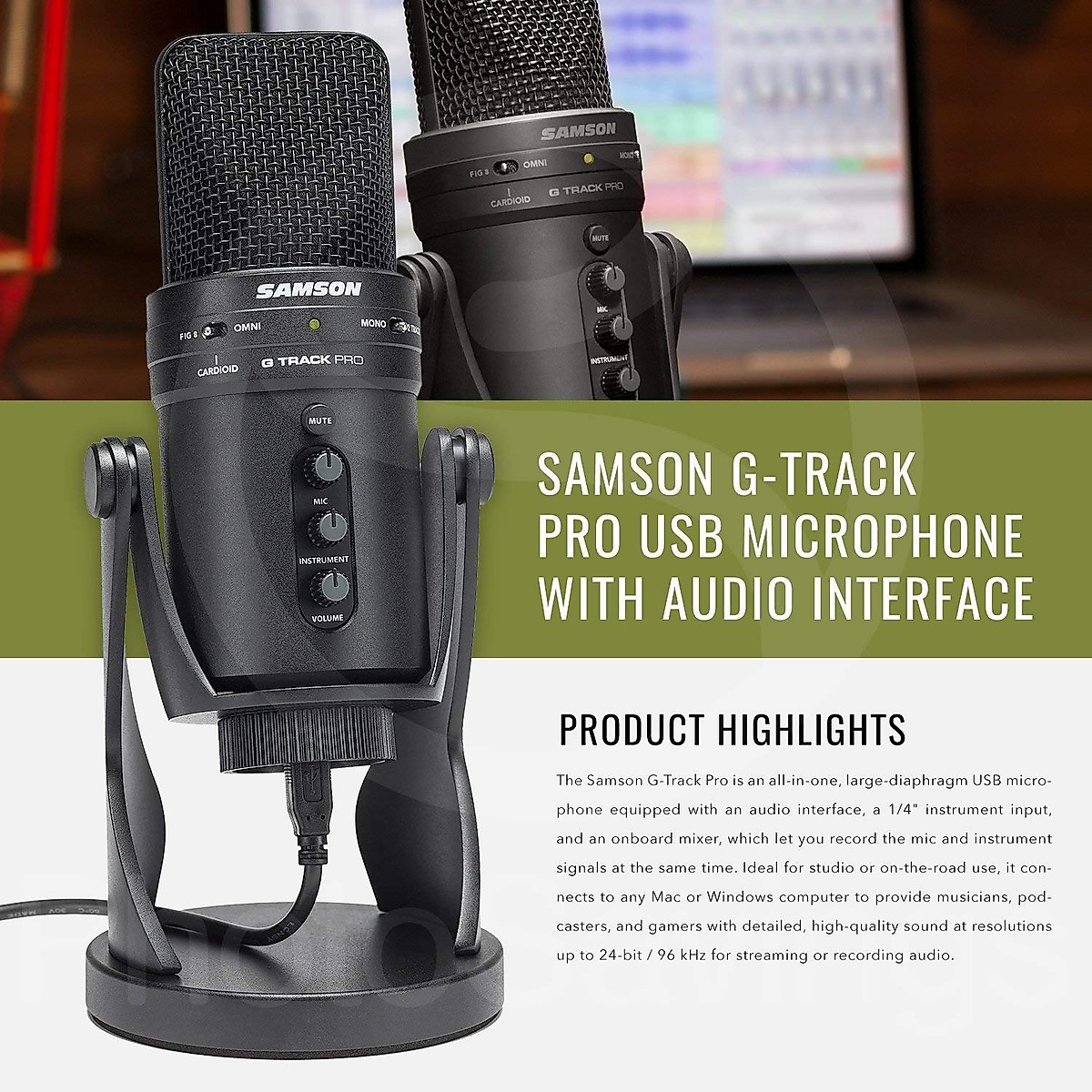 Samson G-Track Pro Professional USB Condenser Microphone w/Audio Interface - Bundled with Samson Headphones and Hardbody Headphone Case Accessory Bundle