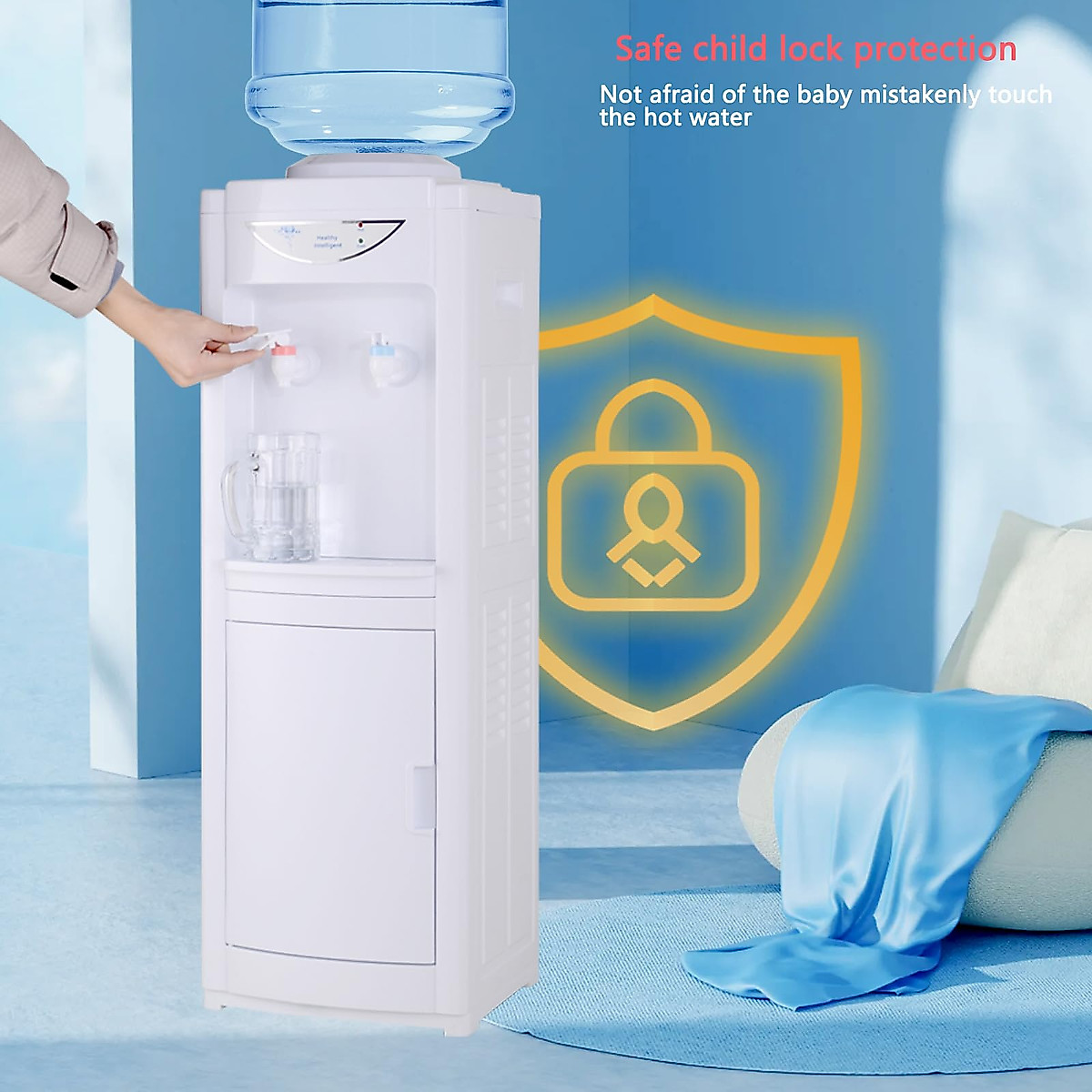 Water Dispenser for 5 Gallon Bottle, Top Loading Water Cooler Hot and Cold Water Cooler Dispenser with Child Safety Removable Drip Tray & Storage Cabinet for Office Home School, White