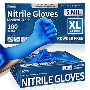 Supmedic Medical Nitrile Exam Gloves, 5 mil Chemo-Rated Powder-Free Non-Sterile Food Safe Cooking Clearning Disposable Glove (XL)