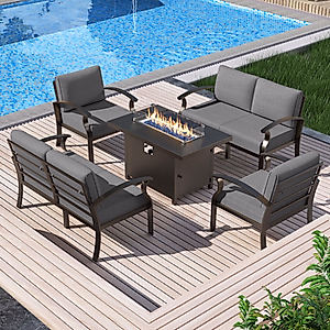 Gotland 6 Seats Outdoor Metal Patio Furniture Set with 55,000 BTU Gas Fire Pit Table w/Glass Wind Guard Patio Conversation Sectional Sofa Sets-Grey