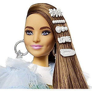 Barbie Extra Doll & Accessories with Long Brunette Hair and Bling Clips in Multi-Colored Dress with Pet Crocodile