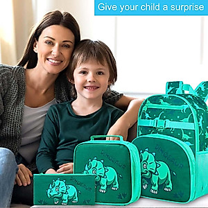 TXHVO 3pcs Dinosaur Backpack for Boys, 16" Kids Bookbag with Lunch Box, Cute Dino Backpacks for Elementary Kindergarten Preschool(Green)