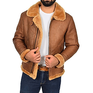 A1 FASHION GOODS Real Sheepskin Flying Jacket Vintage Tan Shearling Bomber Authentic Aviator Coat Tornado (Large)