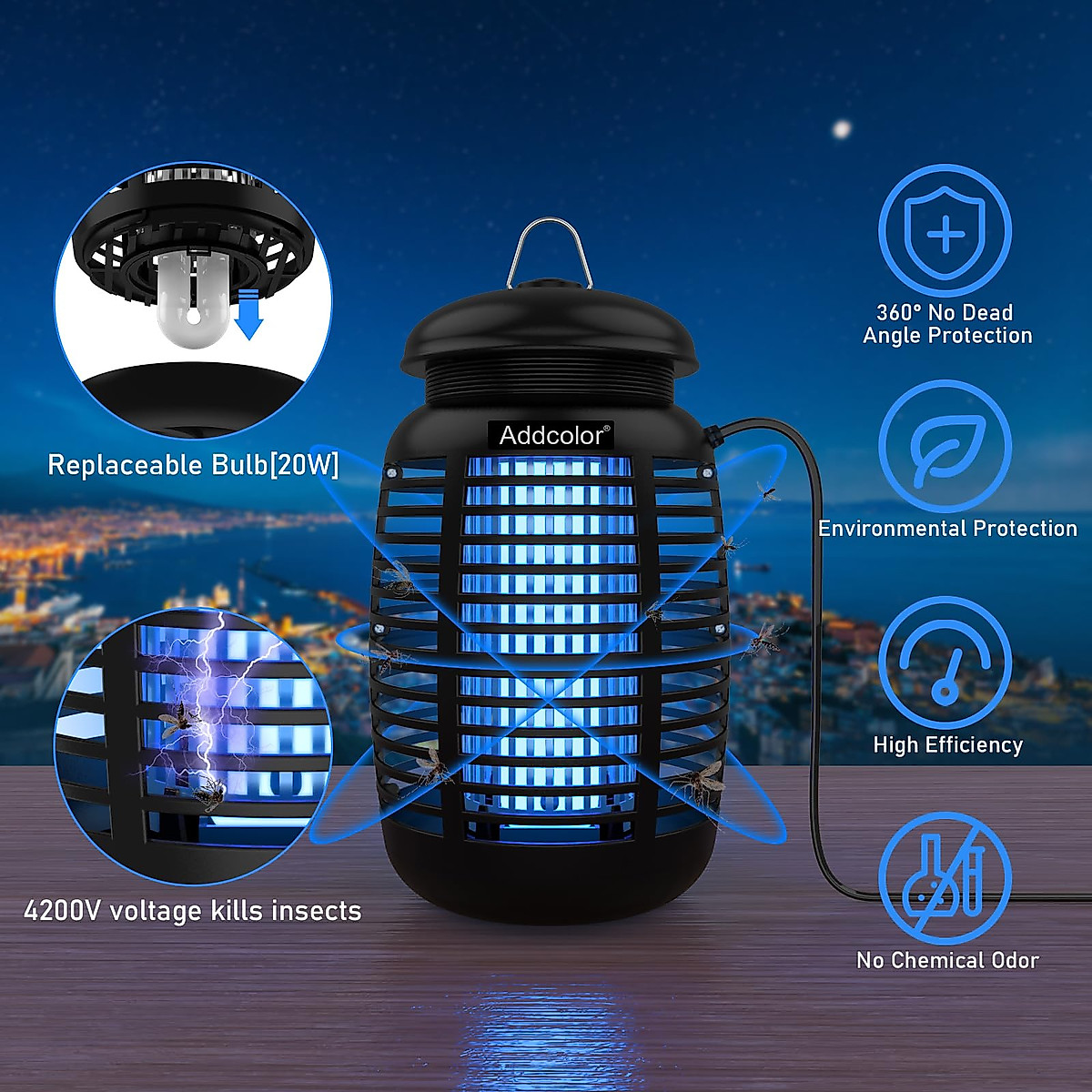ADDCOLOR Bug Zapper, 15W Sustainable Efficient Fly Zapper Outdoor, Mosquito Zapper with LED Light, Electric Fly Zapper, Fly Traps, Mosquito Killer