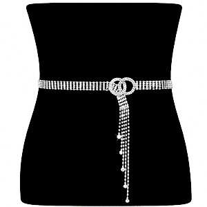 WHIPPY Women Rhinestone Belt Silver Shiny Diamond Fashion Crystal Ladies Double O-Ring Waist Belt for Dresses