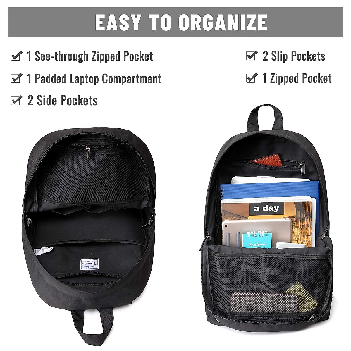 VASCHY Backpack for Men Women, Water-Resistant School Backpack Bookbag Schoolbag Casual Daypack Work Black