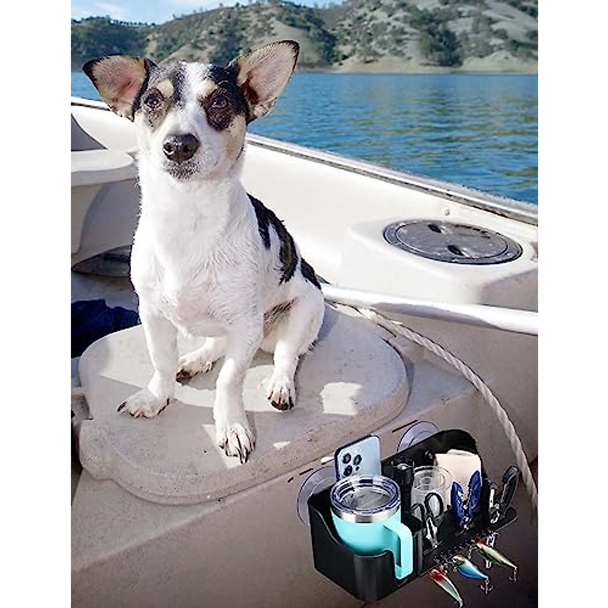 KEMIMOTO Boat Caddy Organizer, Boat Cup Holder Installed with Screws/Suction Cups On Any Flat Surface, Boat Storage Organizer, Cockpit Storage Box for Bass Boat Kayak Pontoon Jon Boat