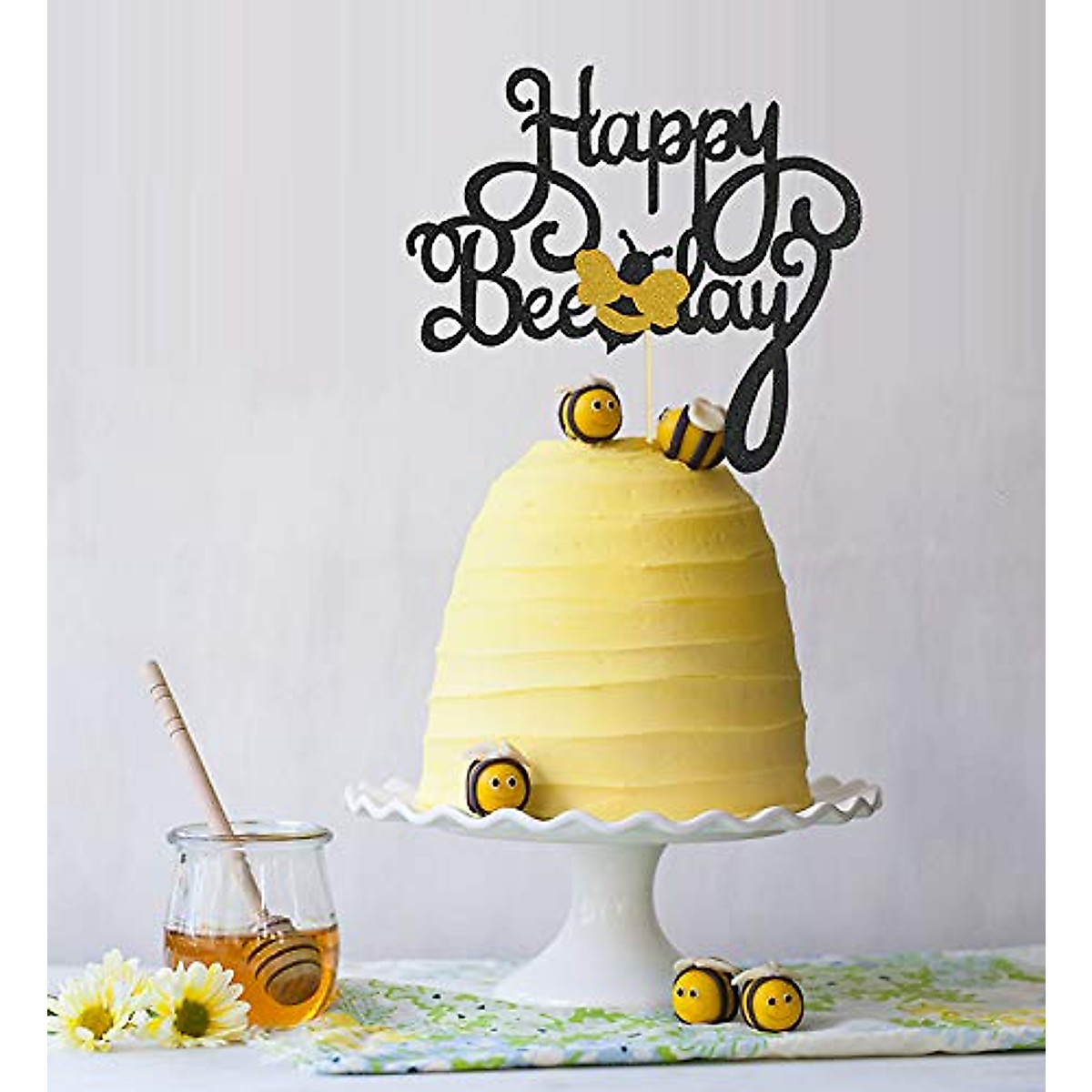 Happy Bee Day Banner and Gold Glitter Happy Bee Day Cake Topper for Bumble Bee Themed Birthday Party Supplies by Topfun