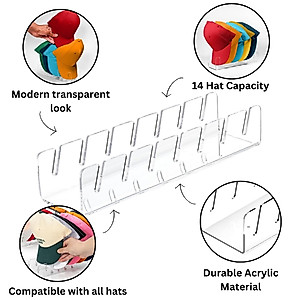 HEYSER Acrylic Hat Organizer - Acrylic Hat Organizer for Baseball Caps, 2 Pack No Install Hat Rack, Space-Saving Durable Cap Holder for Shelves - Hat Display Stands for 14 Caps