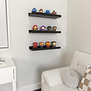 Bosniik 3ps 15.7 Inch Long Floating Bookshelf for Kids Room Black Wall Mounted Shelves with Lip for Storage, Display Picture Ledge Shelf for Bedroom Bathroom Kitchen Living Room Wall Decor Black