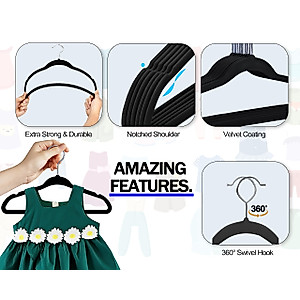 GVTECH Kids Hangers Velvet, [50 Pack] Children Cloth Durable Baby Hangers for Closet - Perfect Infant Toddler Kid Hanger for Everyday Use, Non Slip 360° Hooks for Shirt, Pant, Dress (Black)