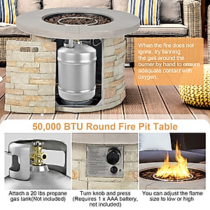 Tangkula 50,000 BTU Propane Gas Fire Pit Table, Patiojoy 36” Round Propane Firepit with Removable Lid, Volcanic Rock & PVC Cover, Outdoor Fire Pit Table with Faux Stone Surface for Patio, Backyard
