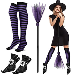 Vicenpal 3 Pcs Halloween Witch Accessories Black Witch Shoe Covers Socks Broomstick Witch Broom for Halloween Cosplay Costume (Purple)