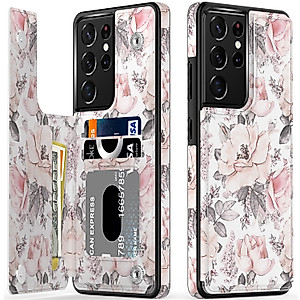 LETO Galaxy S21 Ultra Case,Luxury Flip Folio Leather Wallet Case Cover with Fashion Designs for Girls Women,Card Slots Protective Phone Case 6.8" Champagne Flowers