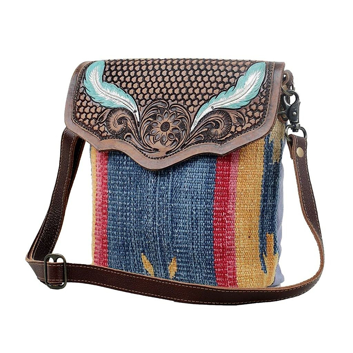 Myra Bag Blue Feather Hand-Tooled Bag Upcycled Cotton & Leather S-3058