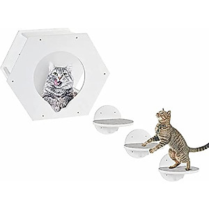 Cat House Wall Mount, Cat Shelves and Perches for Wall Fit Cat Up to 10Lbs, Cat Wall Shelves with 3 Wall Steps and Scratching Pad, Cat Hammock Wall Mount, White