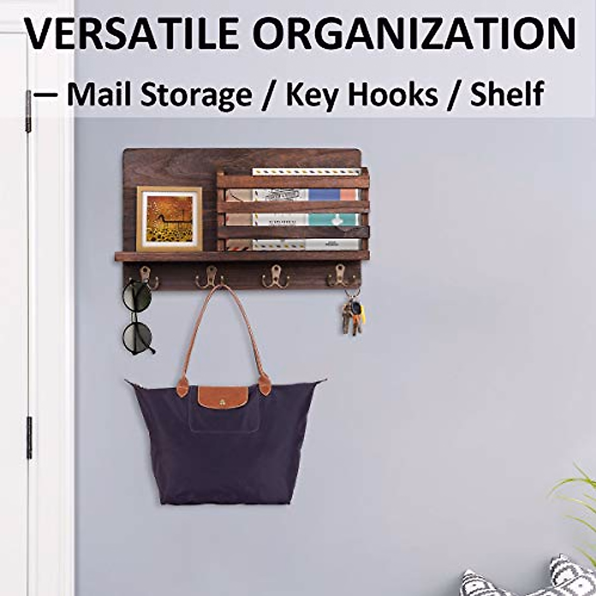 DUNCHATY Mail and Key Holder for Wall Decorative - Wall Mounted Rustic Mail Organizer with 4 Double Hooks and Mail Rack, Wood Shelf Home Decor for Entryway, Mudroom, Hallway