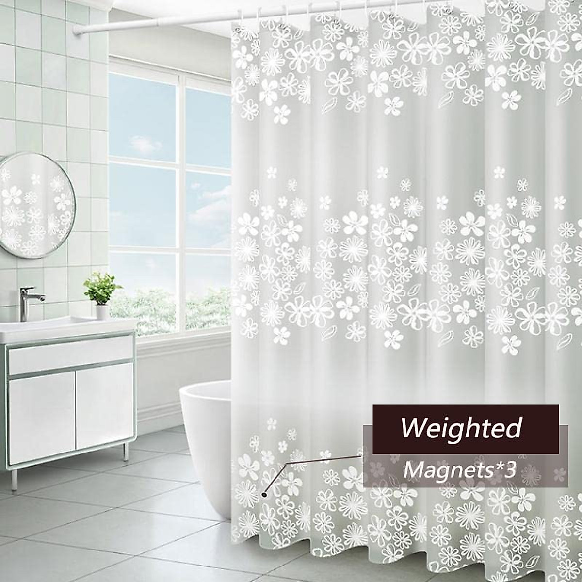 TIKABC Frosted Flower Shower Curtain Liner, 5G PEVA Shower Liner, Non-Toxic Odor Free Plastic Waterproof Shower Curtains, 72x72 inch with Grommet Holes 3 Magnetic Weights