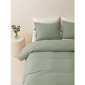 MUKKA Sage Green Duvet Cover Set Queen Size with Bowknot Closure 3 Pieces Washed Microfiber Duvets Set Boho Style for Girl Men Women