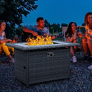 60000 BTU Wicker Gas Fire Pit Outdoor Fire Pit Table 45 Inch Fire Pits for Outside with Woodgrain Marble Tabletop Fire Pit Cover and Blue Crystal Beads