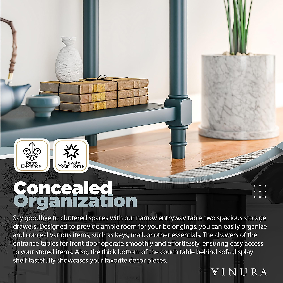 Venera Traditional Console Tables with Storage for Living Room - Solid Pine Wood Navy Blue 35 Inch Narrow Console Table with Storage for Kitchen or Entryway - Retro Hallway Table for Entryway