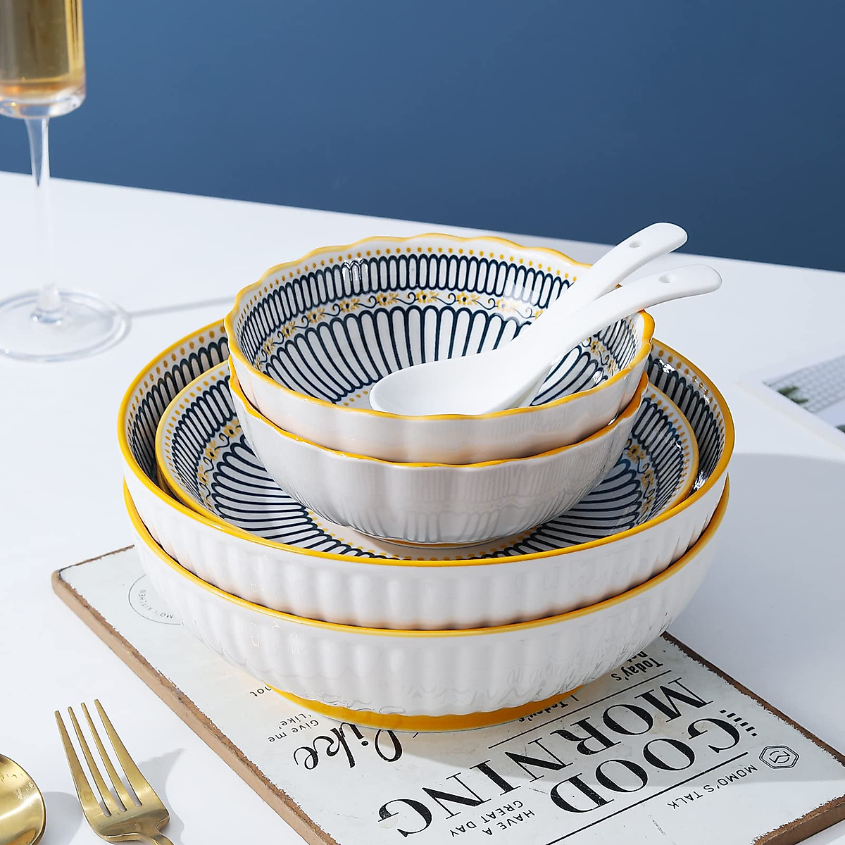 Binvertaocier Ceramic 10-Piece 56 Oz Large Soup Bowls and Spoons Set, 9 Inch Large Serving for Kitchen Pasta, Ramen, Pho Bowls and Soup Spoons Set,Dishwasher & Microwave Safe