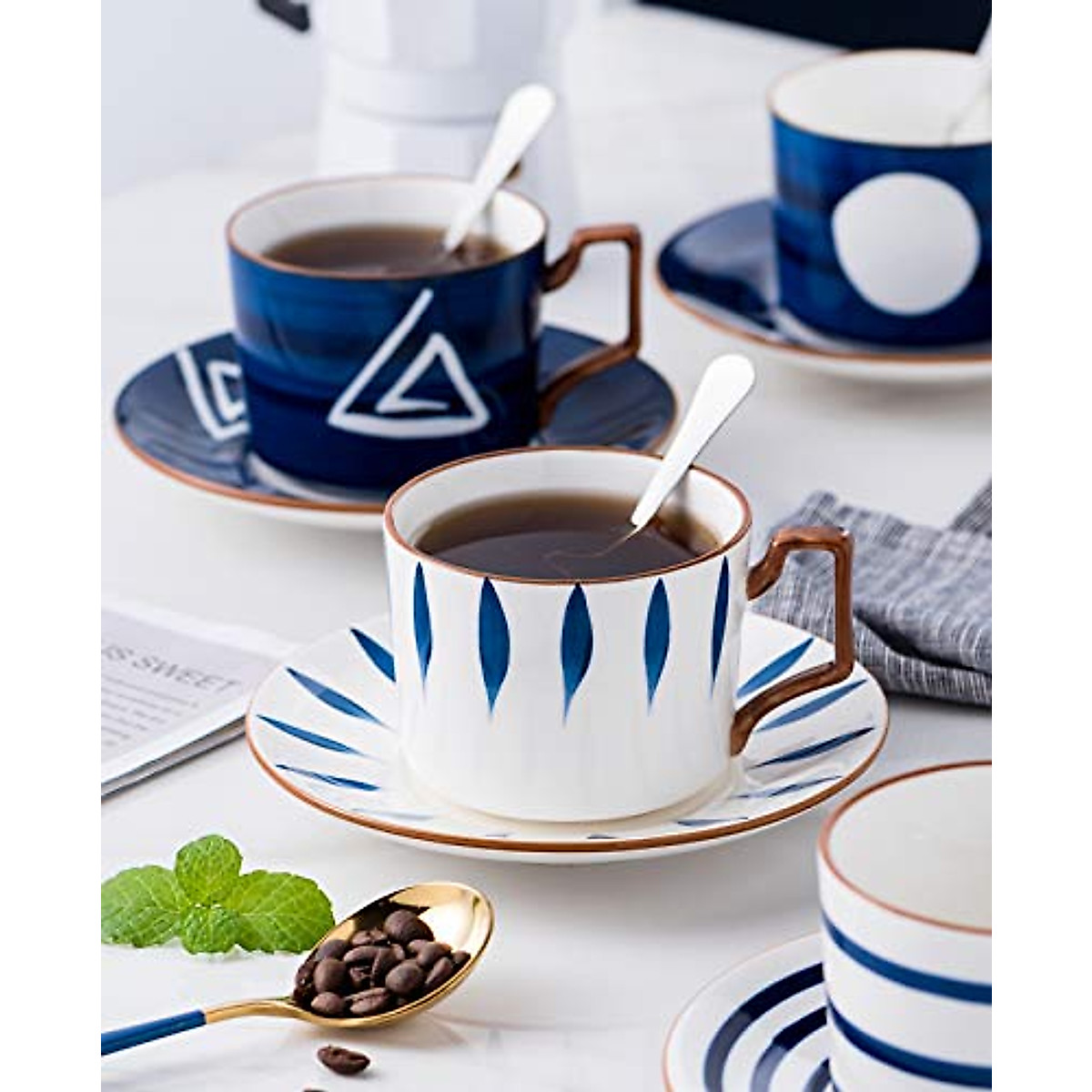 Jusalpha Japanese style hand printed- 7oz Fine China Tea Cup/Coffee Cup With Spoon and Tray/Saucer Set, Tableware, Serve of 4, TCS25