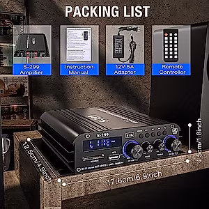 Facmogu S-299 4.1CH Bluetooth Power Amplifier with Active Subwoofer Output Max 800W RMS 40Wx4 Subwoofer Amplifier Hi-Fi Integrated Mini Speaker Amp Audio Sub Bass Amp Remote Control & 12V Power Supply