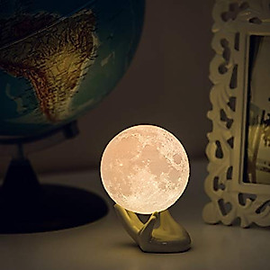 Mind-Glowing Moon Lamp with Ceramic Hand Stand - Warm & Lunar White Colors, Touch Control - Cool Night Light for Living Room, Bedroom - Unique Gift for Women (3.5 inch)