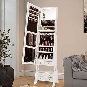 GOFLAME Jewelry Cabinet Freestanding, LED Lighted Jewelry Armoire with Full-length Frameless Mirror, Foldable shelf, 6 Drawers, Lockable Mirrored Jewelry Cabinet with 3 Adjustable Angle (White)